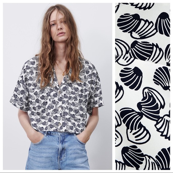 Zara | Tops | Nwt Zara Whiteblue Satin Effect Shell Print Crop Top Size ...